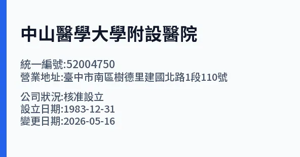 中山醫學大學附設醫院的照片-統編 52004750(臺中市) 公司登記資料與營業項目詳細圖表