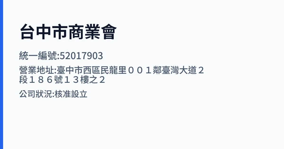 台中市商業會 - 統編 52017903(臺中市) 公司登記資料與營業項目詳細圖表
