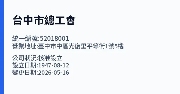 台中市總工會的照片-統編 52018001(臺中市) 公司登記資料與營業項目詳細圖表