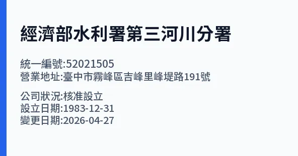 經濟部水利署第三河川分署的照片-統編 52021505(臺中市) 公司登記資料與營業項目詳細圖表