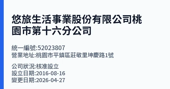 悠旅生活事業股份有限公司桃園市第十六分公司的照片-統編 52023807(桃園市) 公司登記資料與營業項目詳細圖表