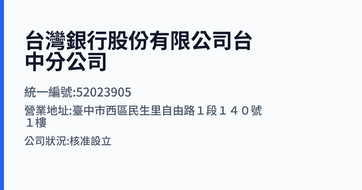 台灣銀行股份有限公司台中分公司 - 統編 52023905(臺中市) 公司登記資料與營業項目詳細圖表
