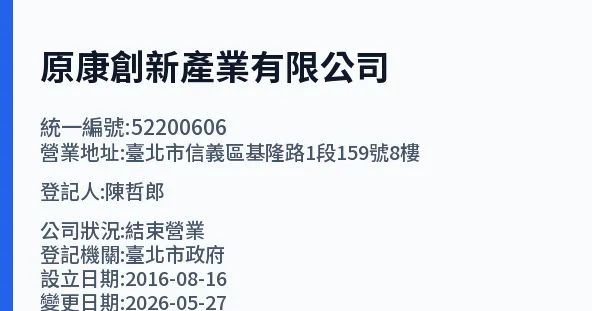 原康創新產業有限公司的照片-統編 52200606(臺北市) 公司登記資料與營業項目詳細圖表