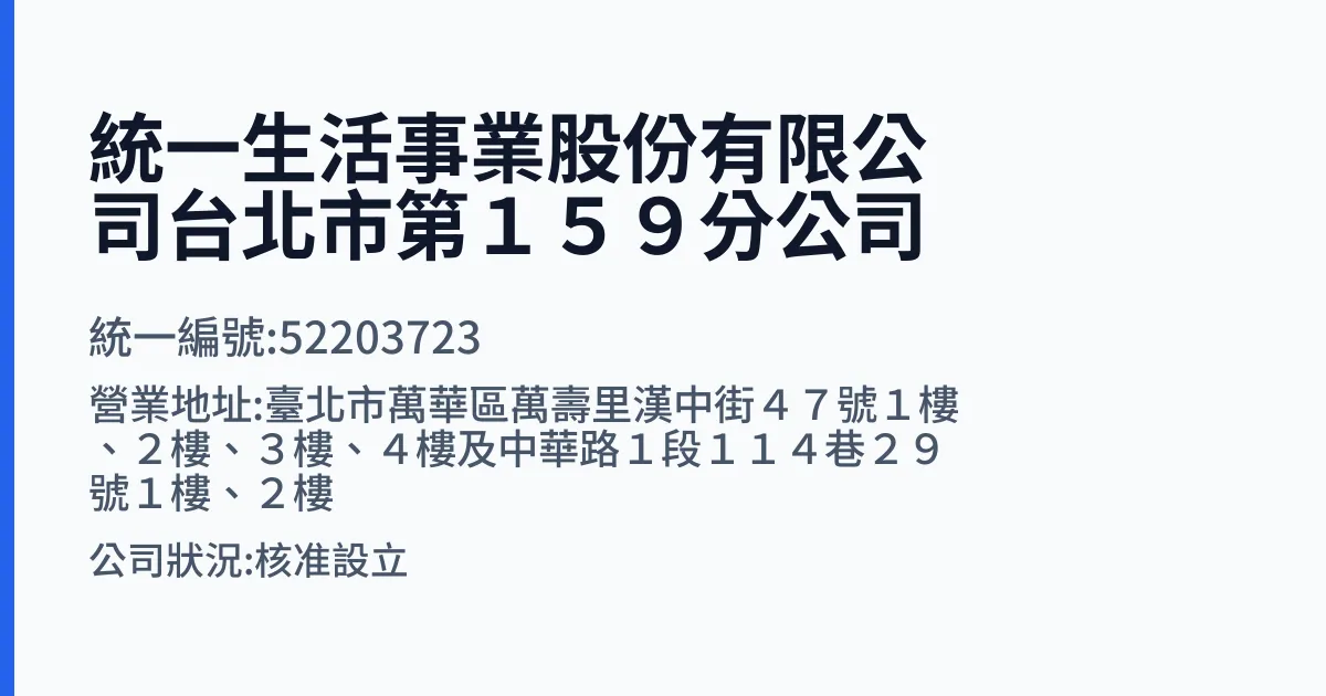 統一生活事業股份有限公司台北市第１５９分公司 - 統編 52203723(臺北市) 公司登記資料與營業項目詳細圖表