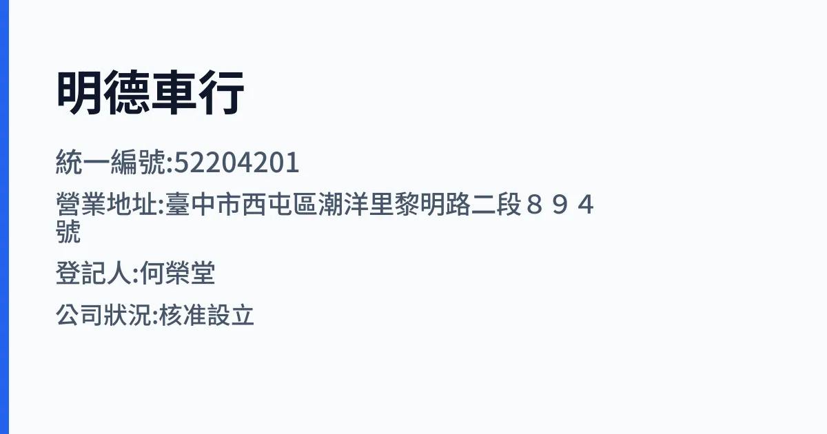 明德車行 - 統編 52204201(臺中市) 公司登記資料與營業項目詳細圖表