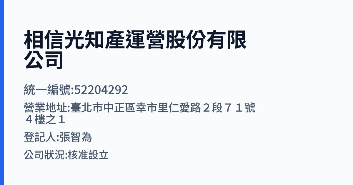 相信光知產運營股份有限公司 - 統編 52204292(臺北市) 公司登記資料與營業項目詳細圖表