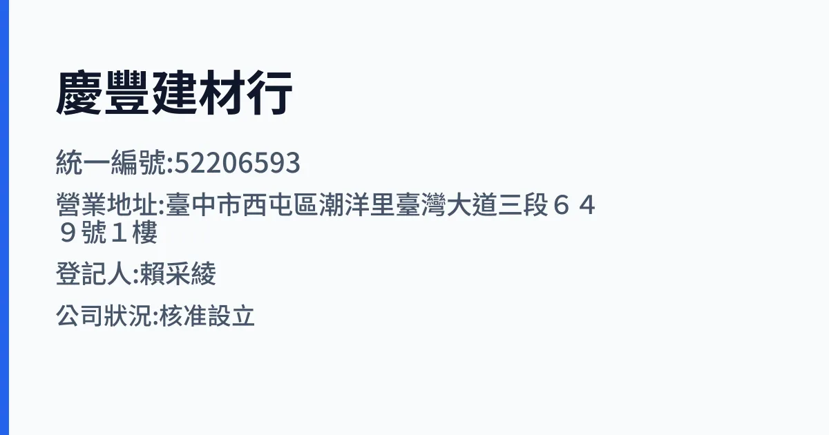 慶豐建材行 - 統編 52206593(臺中市) 公司登記資料與營業項目詳細圖表