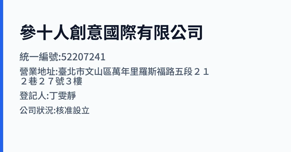 參十人創意國際有限公司 - 統編 52207241(臺北市) 公司登記資料與營業項目詳細圖表