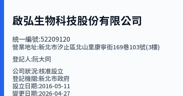 啟弘生物科技股份有限公司的照片-統編 52209120(新北市) 公司登記資料與營業項目詳細圖表