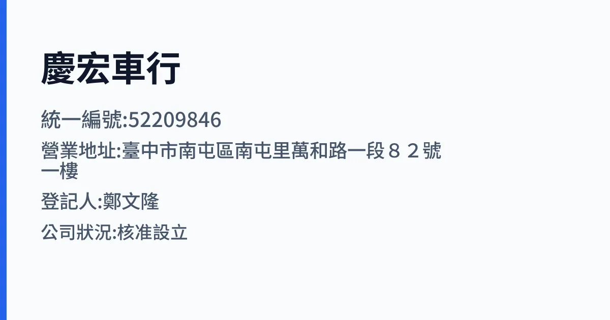 慶宏車行 - 統編 52209846(臺中市) 公司登記資料與營業項目詳細圖表