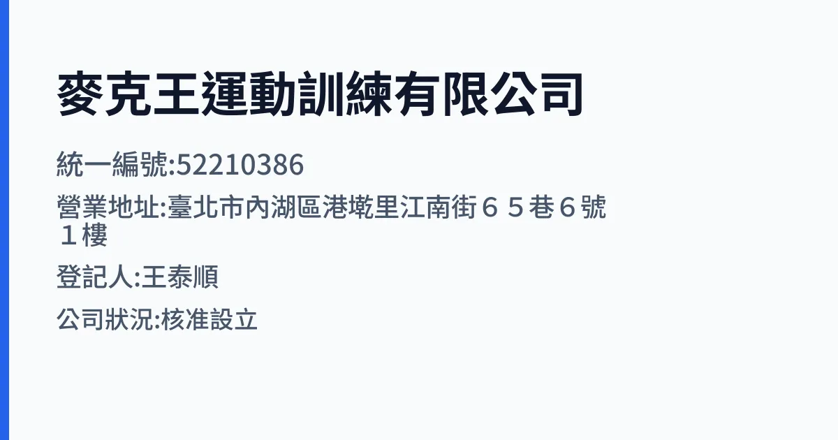 麥克王運動訓練有限公司 - 統編 52210386(臺北市) 公司登記資料與營業項目詳細圖表