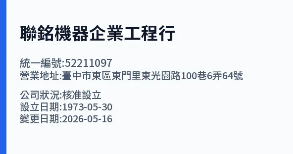 聯銘機器企業工程行的照片-統編 52211097(臺中市) 公司登記資料與營業項目詳細圖表