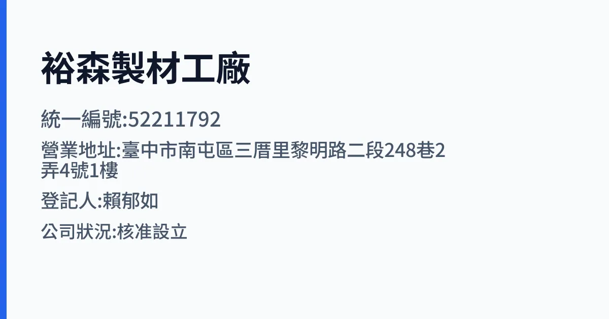 裕森製材工廠 - 統編 52211792(臺中市) 公司登記資料與營業項目詳細圖表