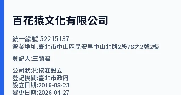 百花猿文化有限公司的照片-統編 52215137(臺北市) 公司登記資料與營業項目詳細圖表