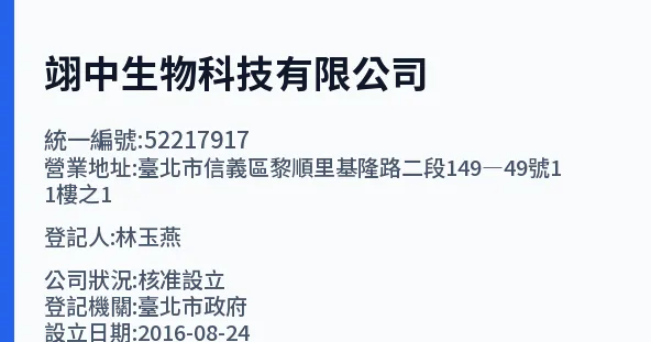 翊中生物科技有限公司的照片-統編 52217917(臺北市) 公司登記資料與營業項目詳細圖表