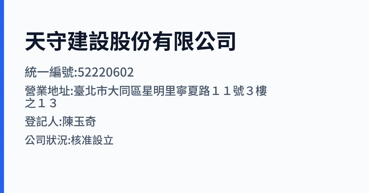 天守建設股份有限公司 - 統編 52220602(臺北市) 公司登記資料與營業項目詳細圖表