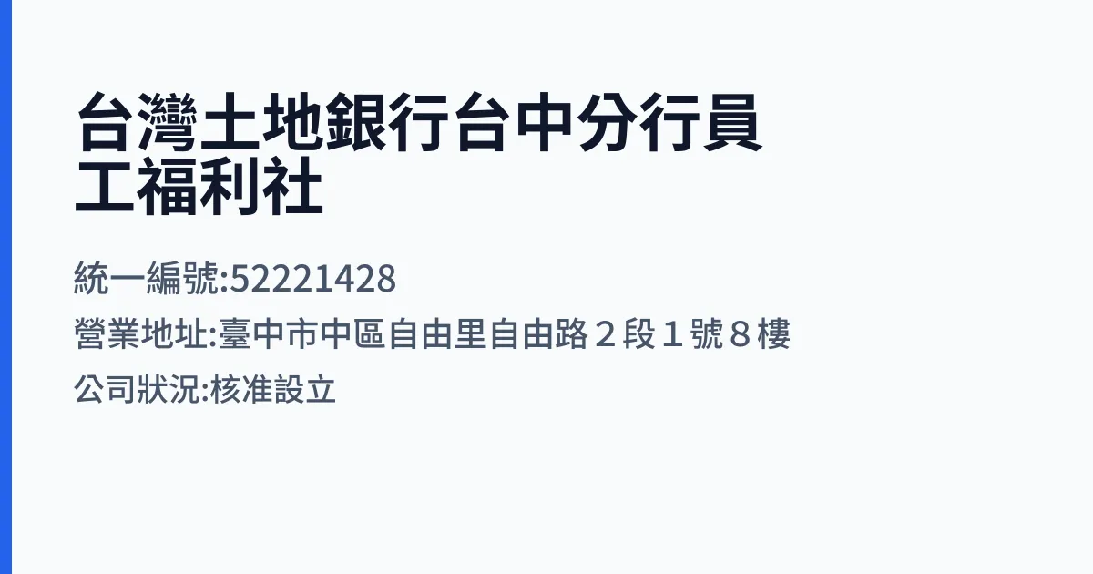 台灣土地銀行台中分行員工福利社 - 統編 52221428(臺中市) 公司登記資料與營業項目詳細圖表