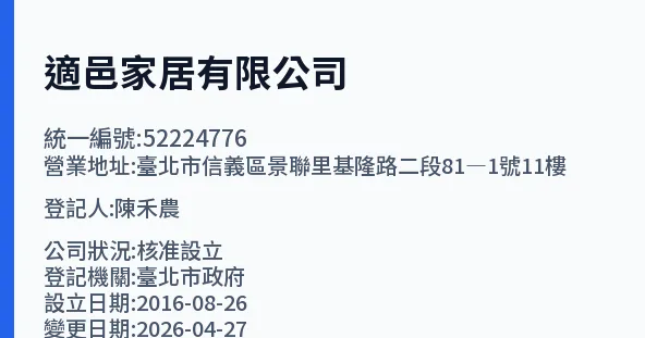 適邑家居有限公司的照片-統編 52224776(臺北市) 公司登記資料與營業項目詳細圖表