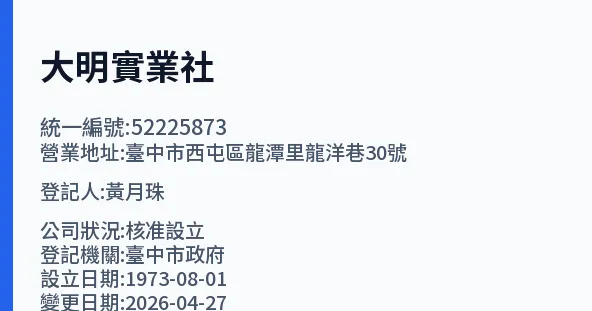 大明實業社的照片-統編 52225873(臺中市) 公司登記資料與營業項目詳細圖表
