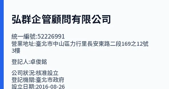 弘群企管顧問有限公司的照片-統編 52226991(臺北市) 公司登記資料與營業項目詳細圖表