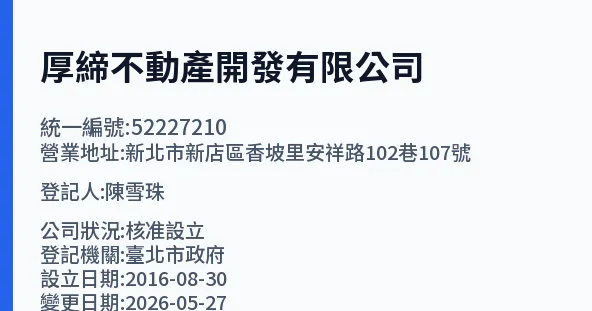 厚締不動產開發有限公司的照片-統編 52227210(臺北市) 公司登記資料與營業項目詳細圖表