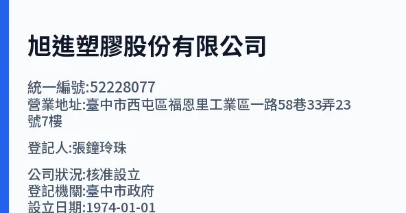 旭進塑膠股份有限公司的照片-統編 52228077(臺中市) 公司登記資料與營業項目詳細圖表
