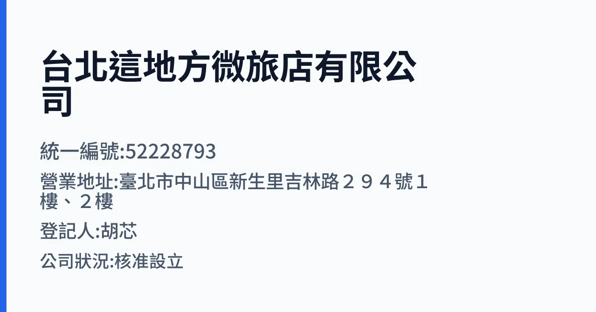 台北這地方微旅店有限公司 - 統編 52228793(臺北市) 公司登記資料與營業項目詳細圖表