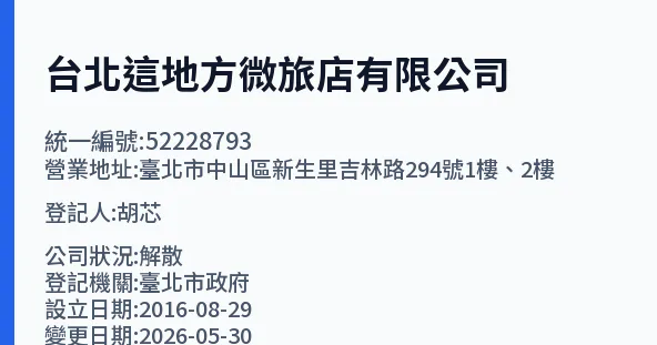 台北這地方微旅店有限公司的照片-統編 52228793(臺北市) 公司登記資料與營業項目詳細圖表
