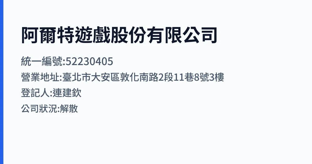 阿爾特遊戲股份有限公司 - 統編 52230405(臺北市) 公司登記資料與營業項目詳細圖表
