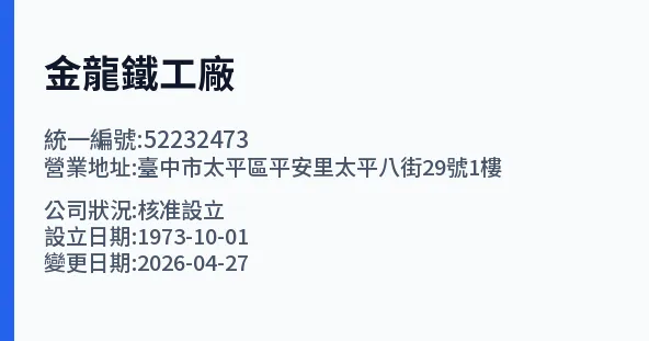 金龍鐵工廠的照片-統編 52232473(臺中市) 公司登記資料與營業項目詳細圖表