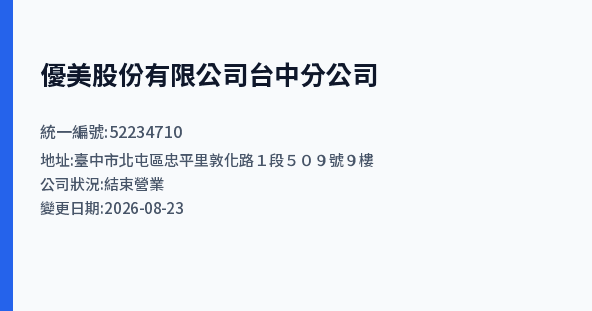 優美股份有限公司台中分公司的照片-統編 52234710(臺中市) 公司登記資料與營業項目詳細圖表