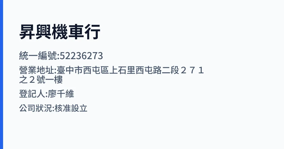 昇興機車行 - 統編 52236273(臺中市) 公司登記資料與營業項目詳細圖表
