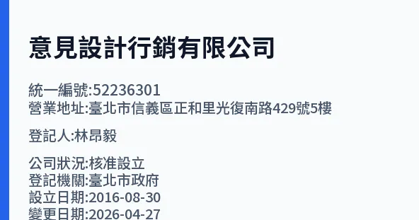 意見設計行銷有限公司的照片-統編 52236301(臺北市) 公司登記資料與營業項目詳細圖表
