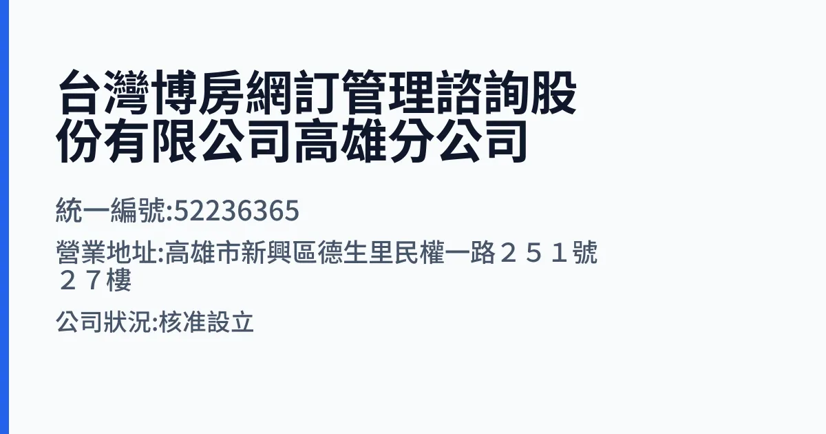 台灣博房網訂管理諮詢股份有限公司高雄分公司 - 統編 52236365(高雄市) 公司登記資料與營業項目詳細圖表