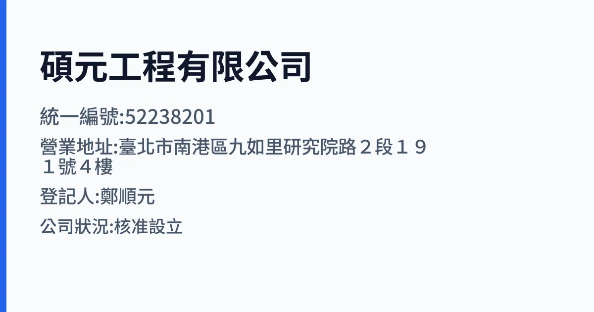 碩元工程有限公司 - 統編 52238201（臺北市） 公司登記資料與營業項目詳細圖表