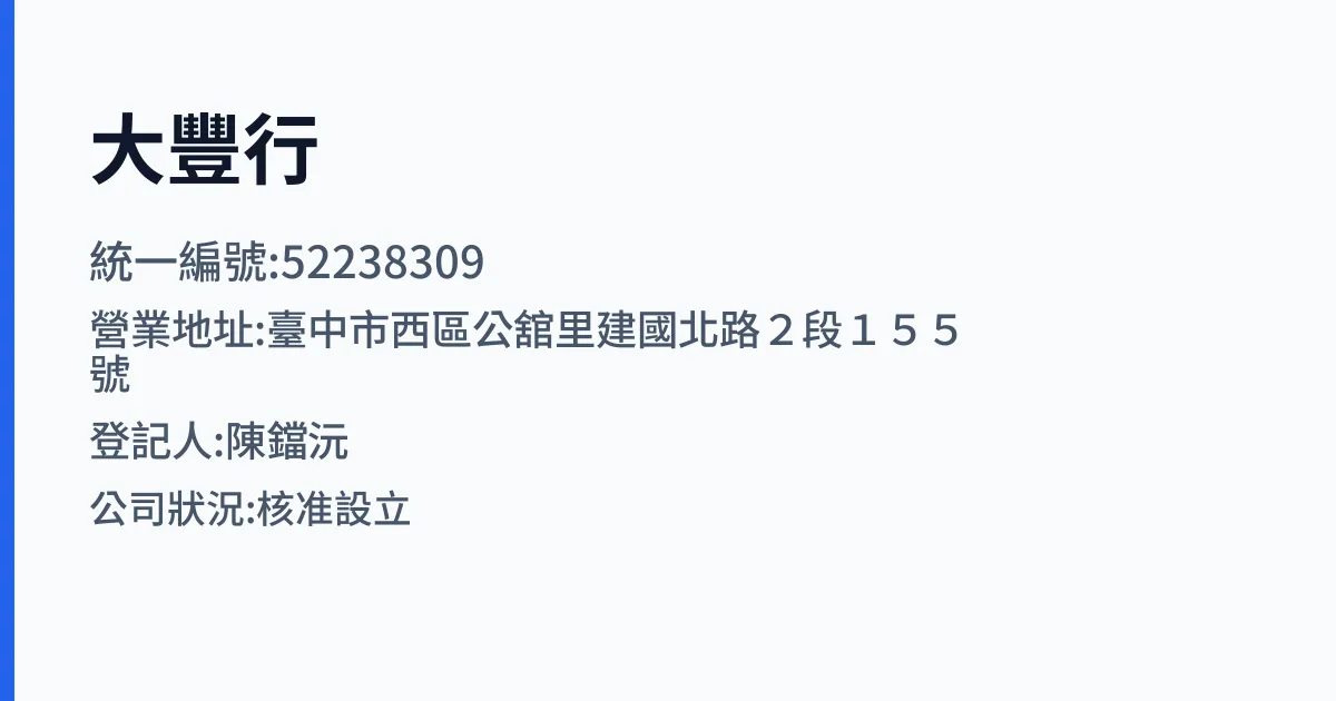 大豐行 - 統編 52238309(臺中市) 公司登記資料與營業項目詳細圖表
