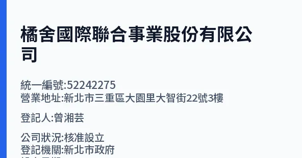 橘舍國際聯合事業股份有限公司的照片-統編 52242275(新北市) 公司登記資料與營業項目詳細圖表