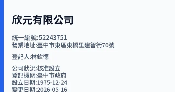 欣元有限公司的照片-統編 52243751(臺中市) 公司登記資料與營業項目詳細圖表