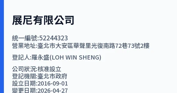 展尼有限公司的照片-統編 52244323(臺北市) 公司登記資料與營業項目詳細圖表
