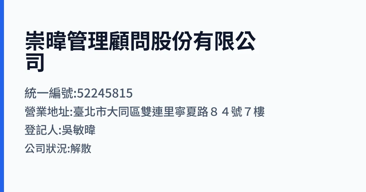 崇暐管理顧問股份有限公司 - 統編 52245815(臺北市) 公司登記資料與營業項目詳細圖表