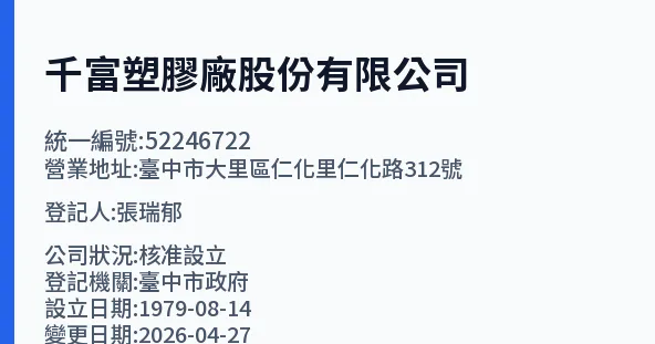 千富塑膠廠股份有限公司的照片-統編 52246722(臺中市) 公司登記資料與營業項目詳細圖表