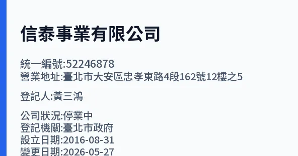信泰事業有限公司的照片-統編 52246878(臺北市) 公司登記資料與營業項目詳細圖表
