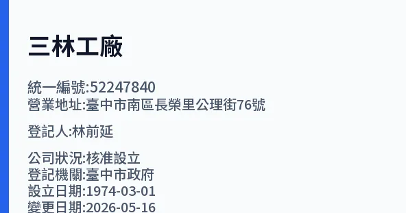 三林工廠的照片-統編 52247840(臺中市) 公司登記資料與營業項目詳細圖表