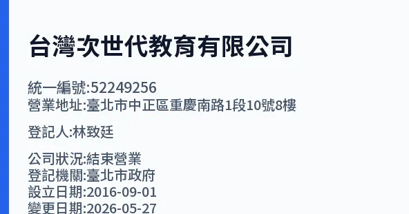 台灣次世代教育有限公司的照片-統編 52249256(臺北市) 公司登記資料與營業項目詳細圖表