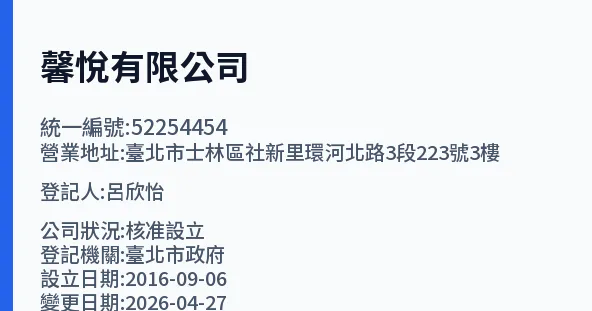 馨悅有限公司的照片-統編 52254454(臺北市) 公司登記資料與營業項目詳細圖表