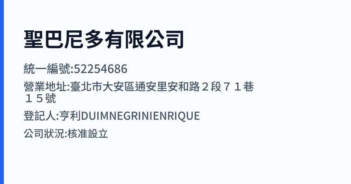 聖巴尼多有限公司 - 統編 52254686(臺北市) 公司登記資料與營業項目詳細圖表