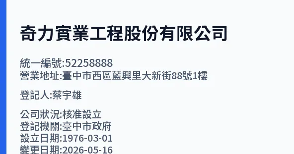 奇力實業工程股份有限公司的照片-統編 52258888(臺中市) 公司登記資料與營業項目詳細圖表