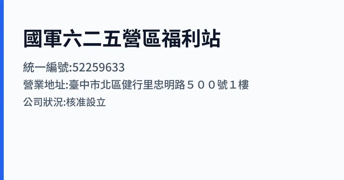 國軍六二五營區福利站 - 統編 52259633(臺中市) 公司登記資料與營業項目詳細圖表