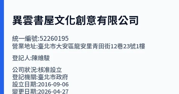 異雲書屋文化創意有限公司的照片-統編 52260195(臺北市) 公司登記資料與營業項目詳細圖表