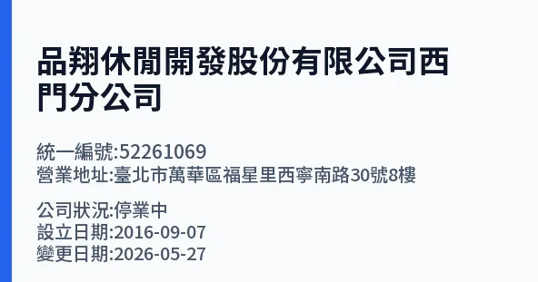 品翔休閒開發股份有限公司西門分公司的照片-統編 52261069(臺北市) 公司登記資料與營業項目詳細圖表